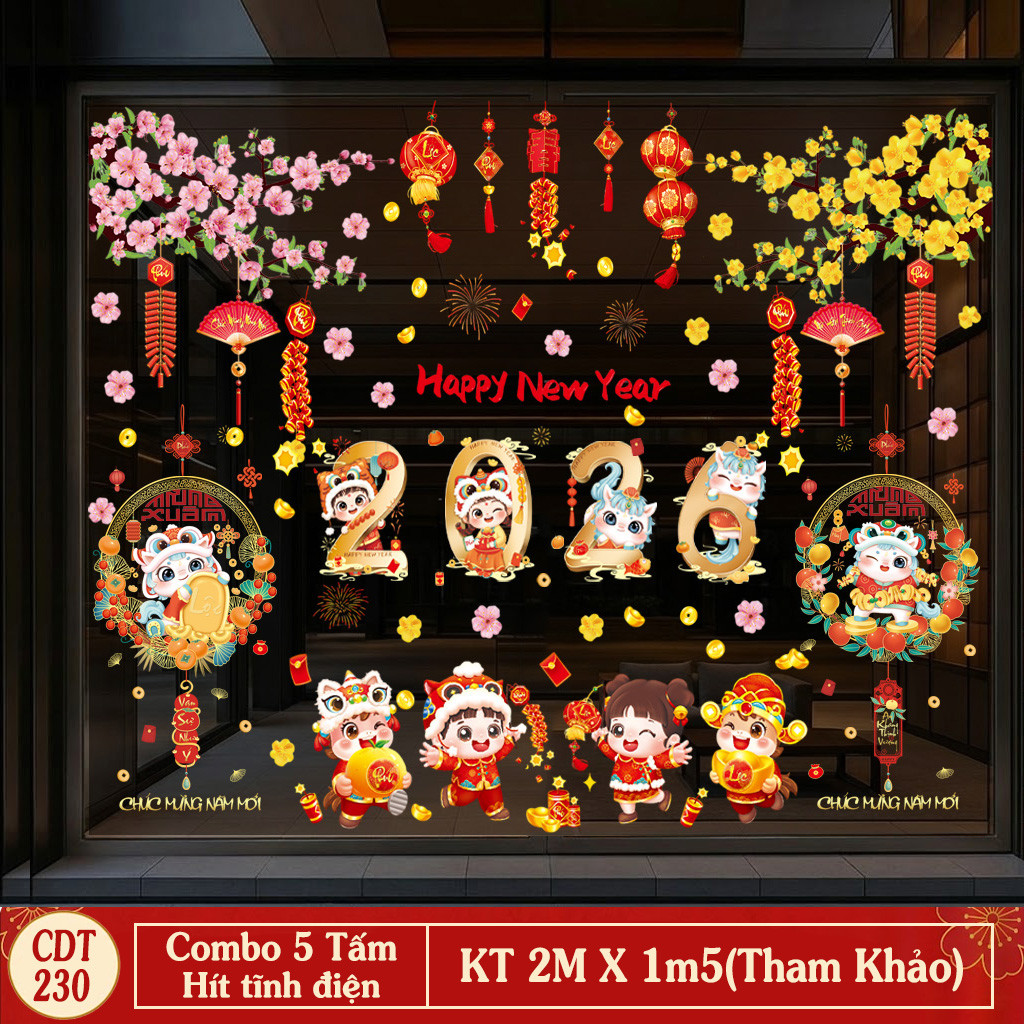 Decal Tết 2026 Hít Tĩnh Điện Combo 5 Tấm Số 2026 Hoa Mai Hoa Đào Trang ...
