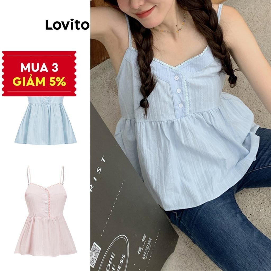 Lovito Áo Tank Top Plain Ruffle Neck Button Tank Top dành cho nữ ...