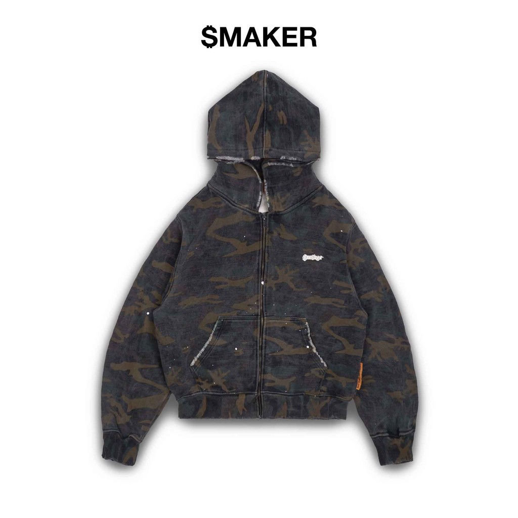 [SMAKER] Áo khoác zip tay dài cổ hoodie hoạ tiết lính vải 100% cotton ...