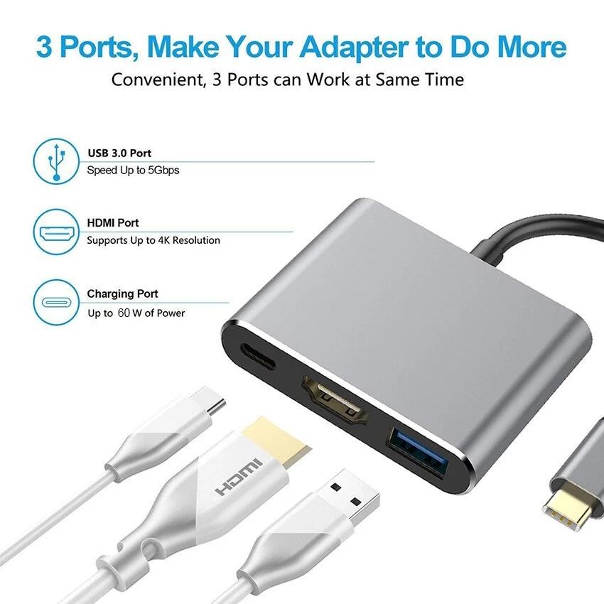 Type-C to HDMI Converter 3 trong 1 dock mở rộng với USB3.0+PD sạc 4K HD ...