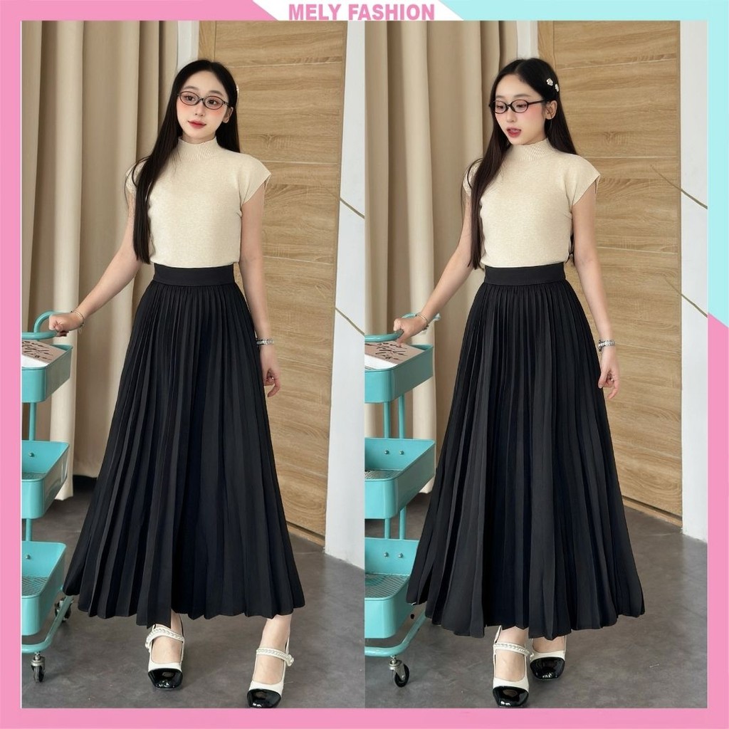 Chân váy xếp ly nhỏ dáng dài Mely Fashion dài xòe cạp cao tôn dáng che ...