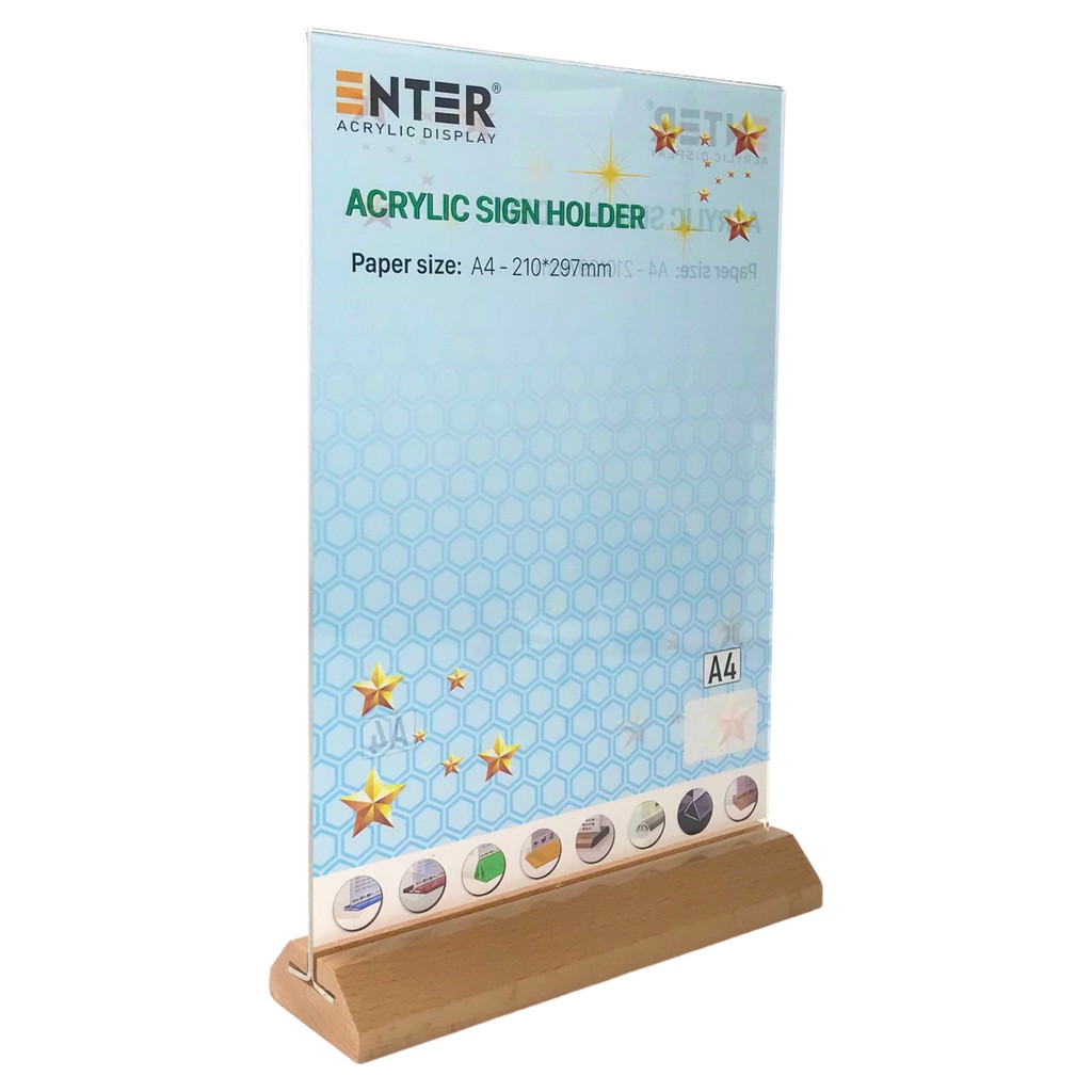 Kệ mica 2 mặt Enter E41-A 210x300mm đế gỗ A4 đứng vát chữ A, Kệ menu ...