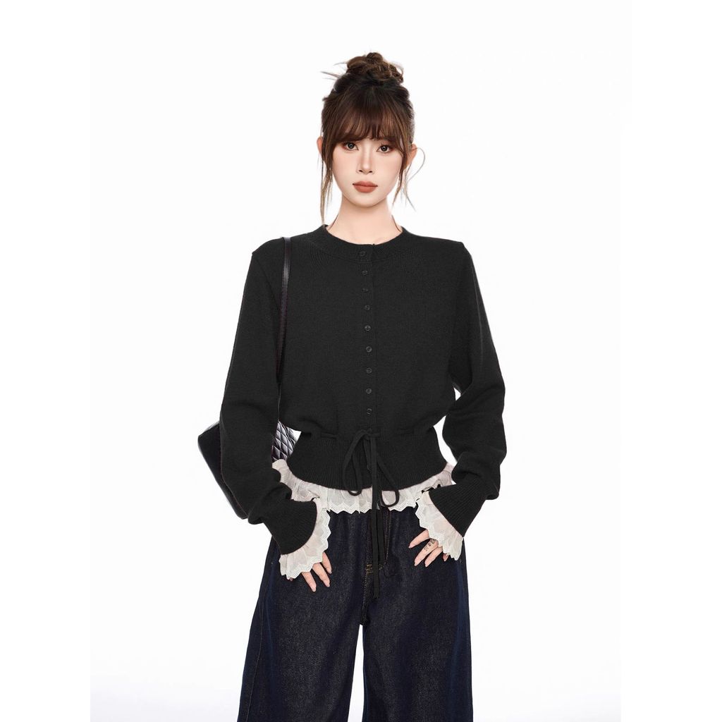 Áo len nữ slim-fit chất liệu dệt kim và ren, size S, hàng có sẵn ...