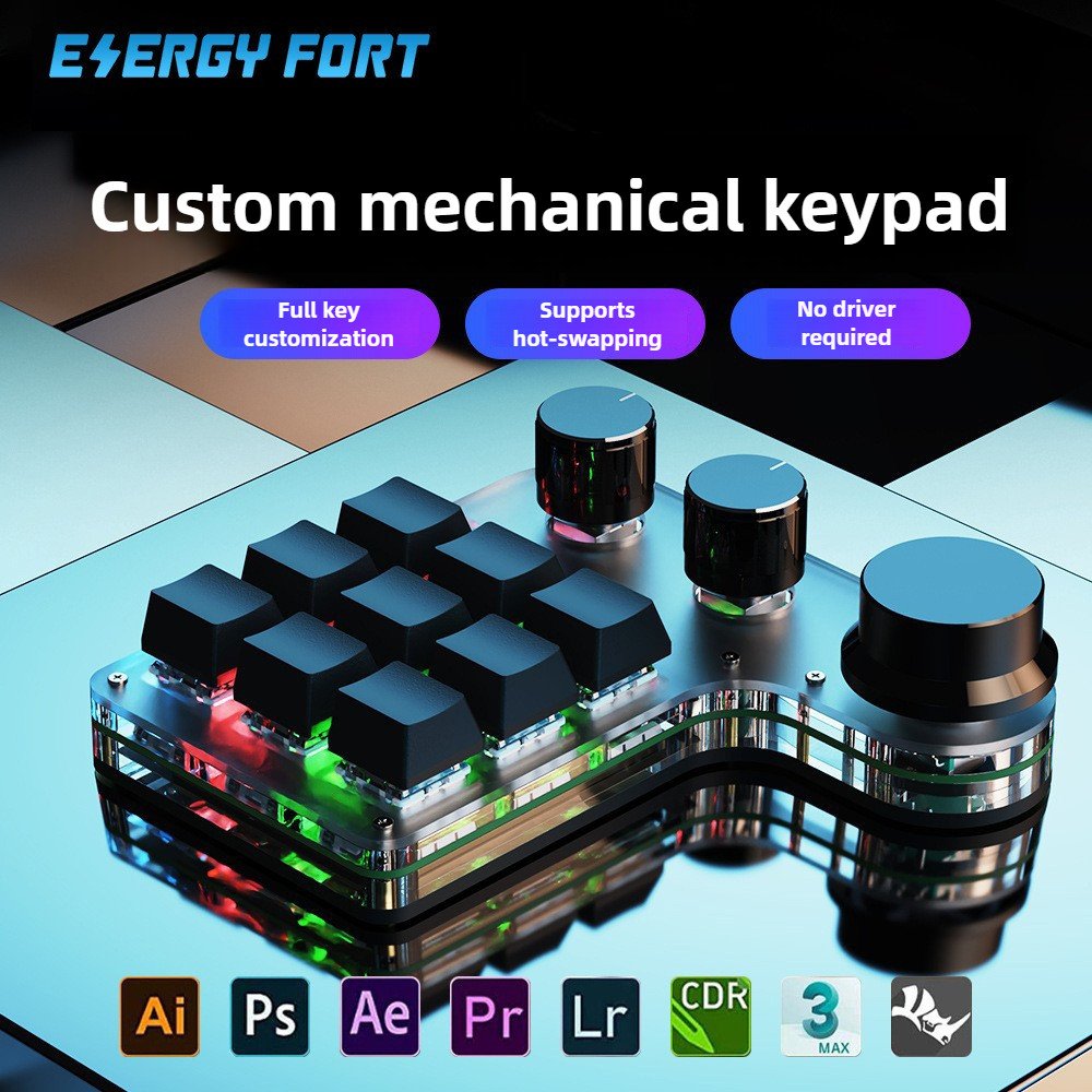 Custom Bluetooth Mechanical Keypad 9 Key with Knob Hot Swappable One Handed Keyboard Macro Quick ...