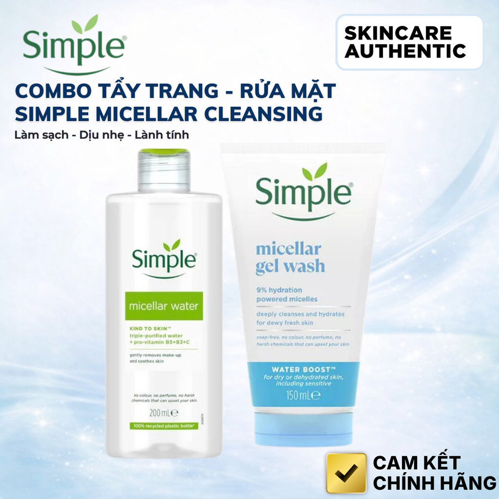 [COMBO DƯỠNG DA KHÔ] Nước Tẩy Trang Simple 200ml + Sữa Rửa Mặt Simple ...