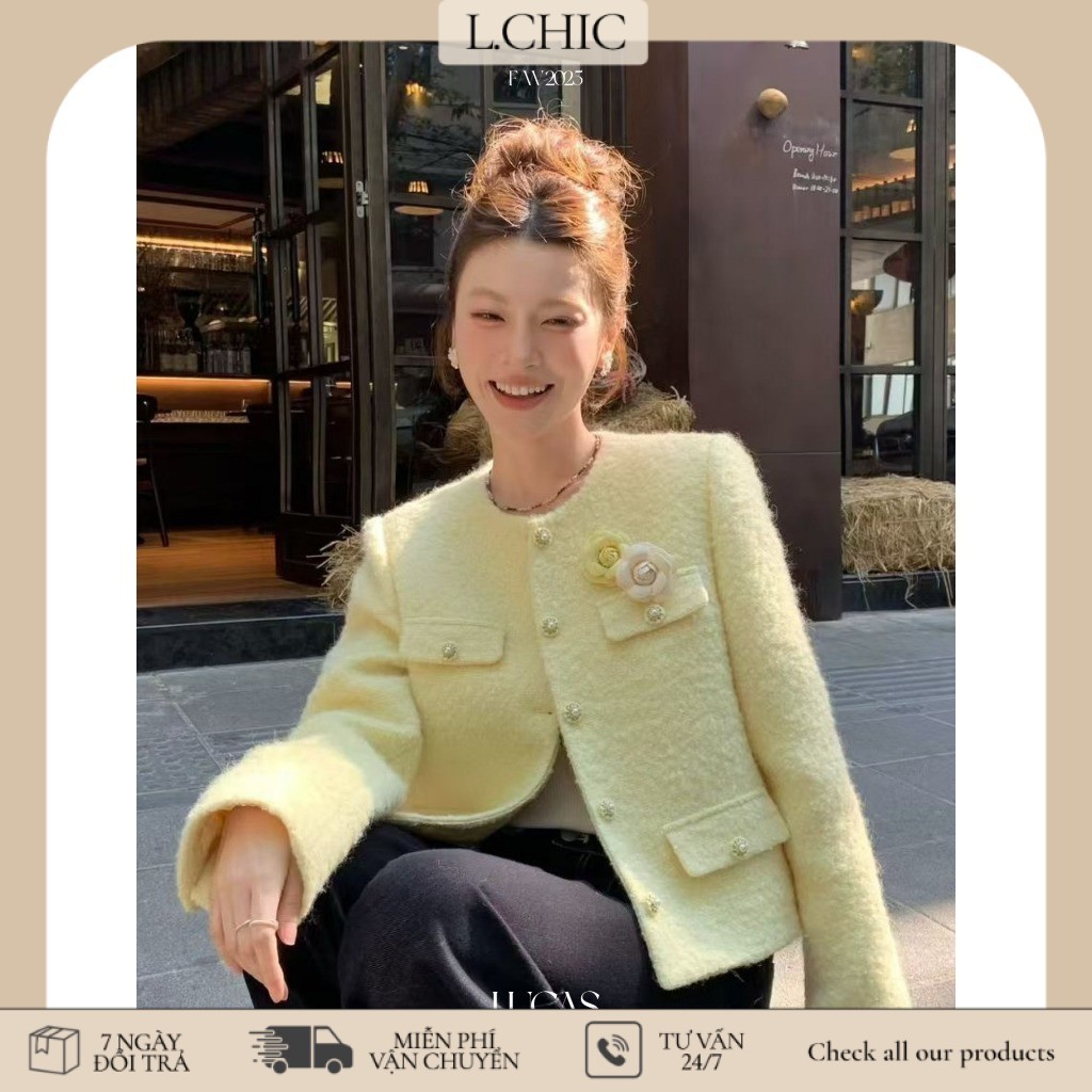 L.Chic - Áo dạ tweed gạo ốp nắp túi đính cúc ngọc + 2 bông hoa trà ...