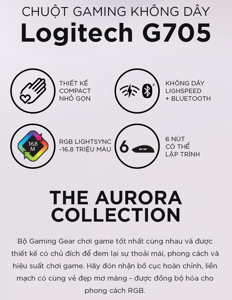 Chuột gaming không dây Logitech G705 Aurora - Bluetooth & LIGHTSPEED ...