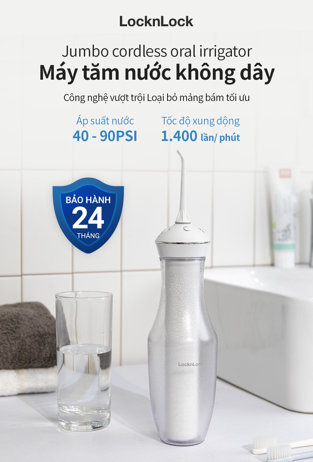 Máy tăm nước không dây Lock&Lock Jumbo cordless oral irrigator 280ml - Màu trắng - ENR126WHT ...
