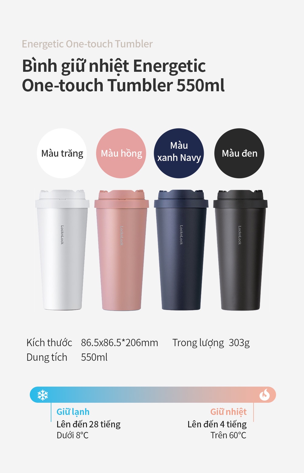 Bình giữ nhiệt Lock&Lock Energetic one-touch thép không gỉ 316L 550ml và 400ml - LHC3249 (4 màu ...