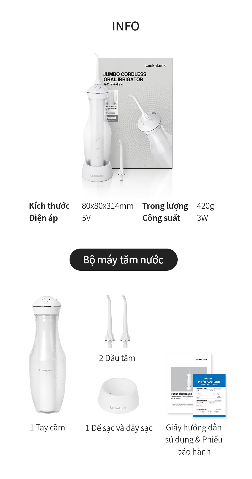 Máy tăm nước không dây Lock&Lock Jumbo cordless oral irrigator 280ml - Màu trắng - ENR126WHT ...