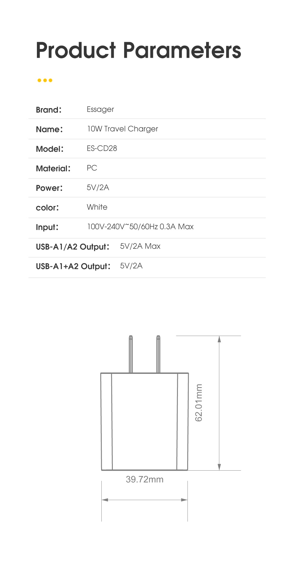 Cốc sạc nhanh ESSAGER hai cổng USB 5V / 2A 10W 100V-240V cho điện thoại android | Shopee Việt Nam