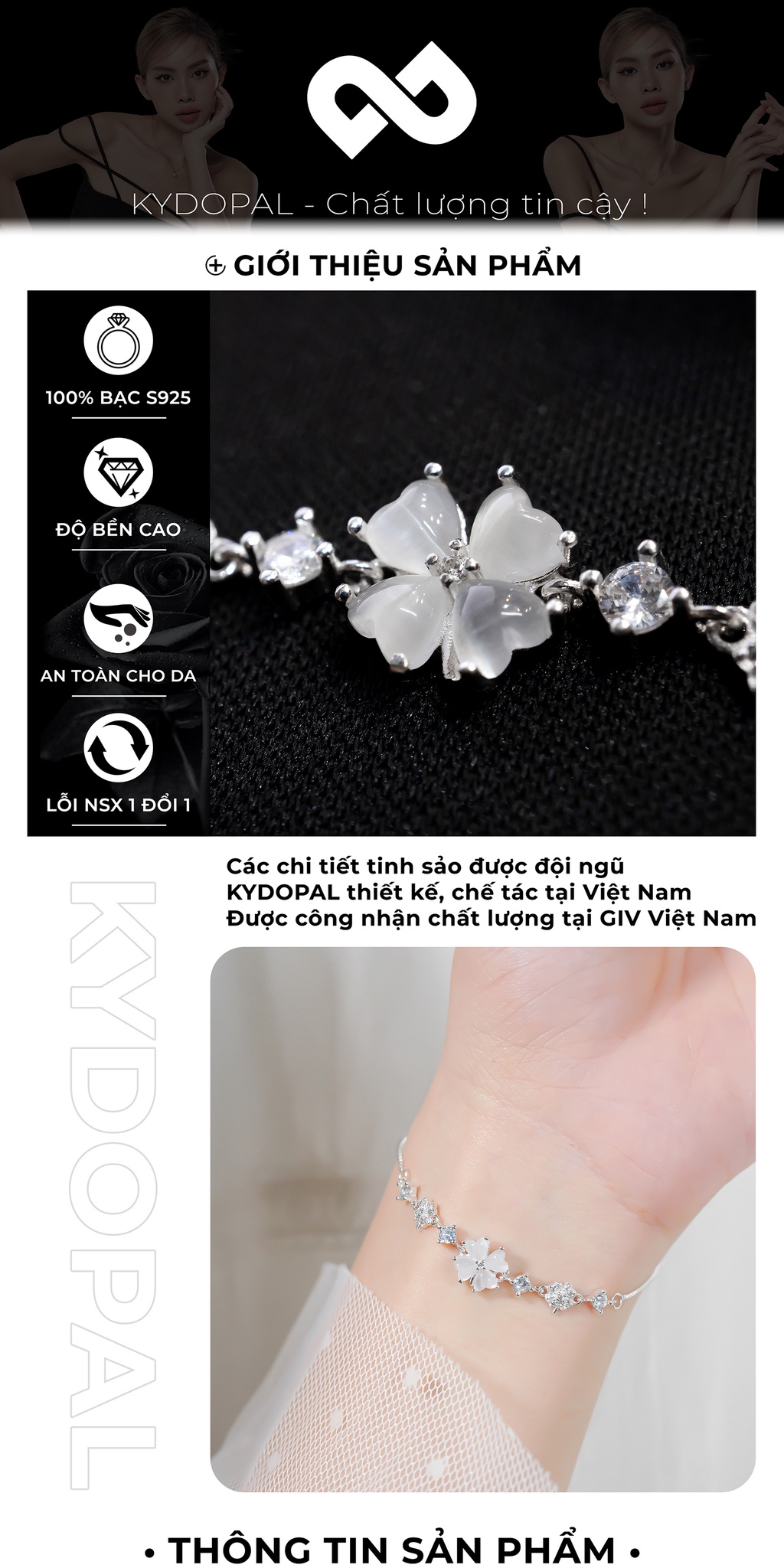 Lắc tay bạc nữ KYDOPAL mặt hoa đính đá cá tính trang sức bạc 925 vòng ...