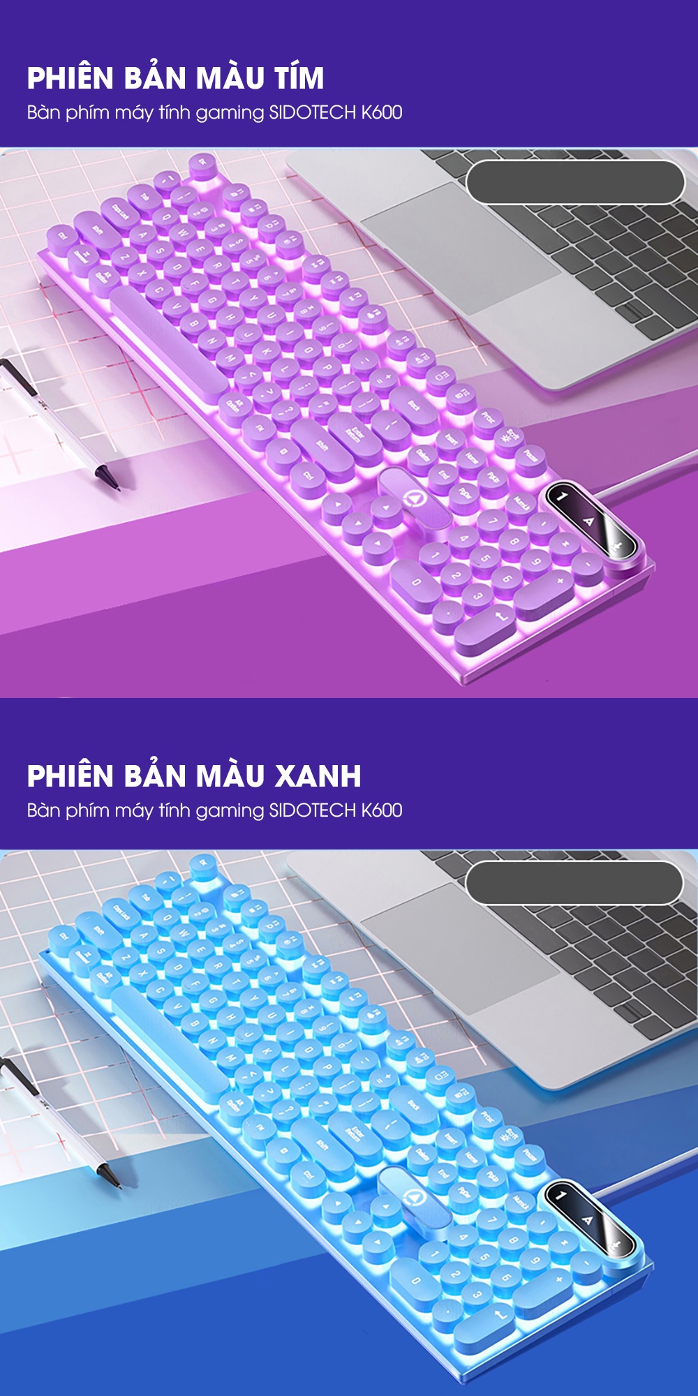 Bàn phím máy tính nút tròn SIDOTECH K600 gaming 104 key giả cơ đèn led ...