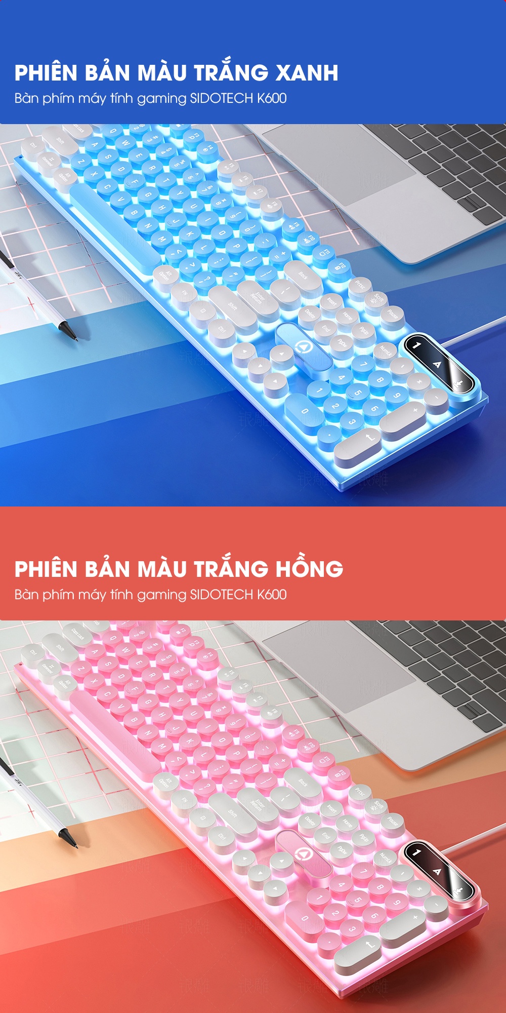 Bàn phím máy tính nút tròn SIDOTECH K600 gaming 104 key giả cơ đèn led ...