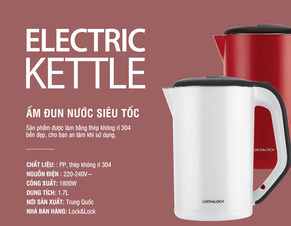 Ấm đun siêu tốc LocknLock 2 Lớp EJK738 1.7L EJK341 1.8L , tự ngắt khi ...