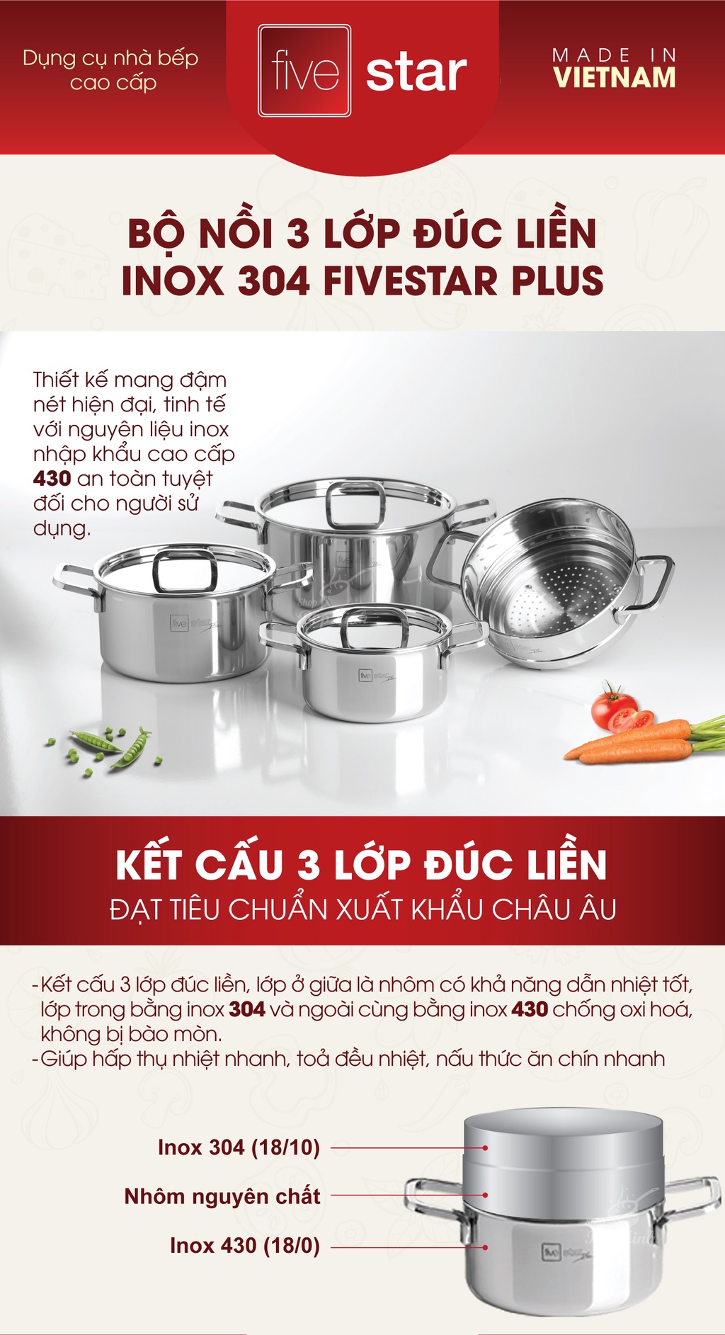 Bộ nồi 3 lớp đáy liền inox 304 cao cấp Fivestar Plus 4 món bếp từ nắp inox | Shopee Việt Nam