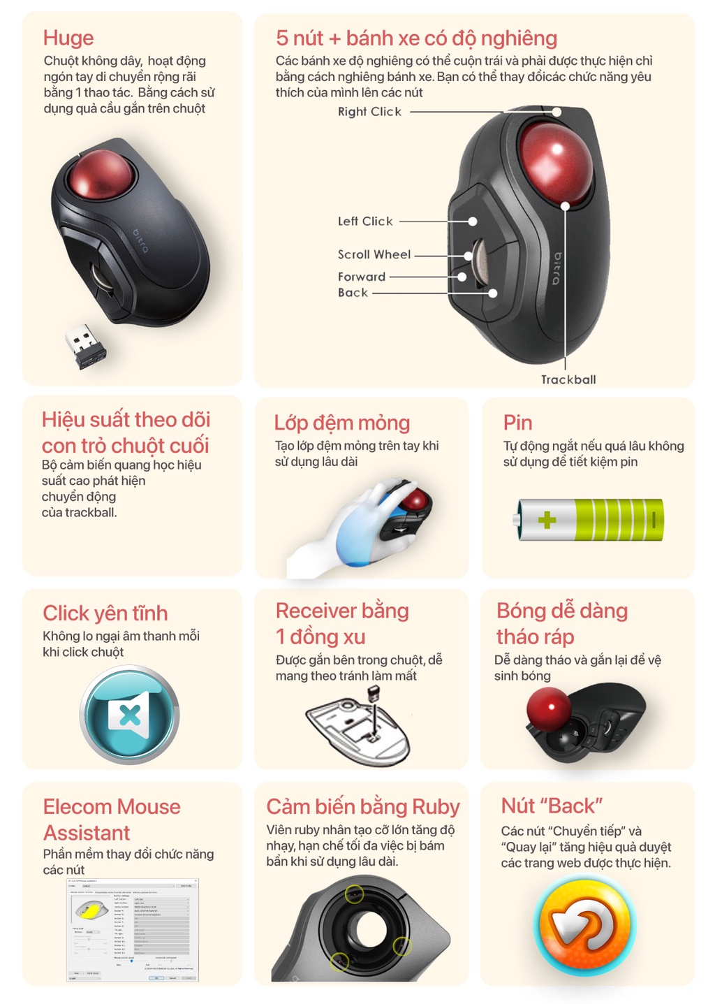 Chuột bi không dây Elecom M-MT2DRSBK - bitra trackball 5 nút, silent ...