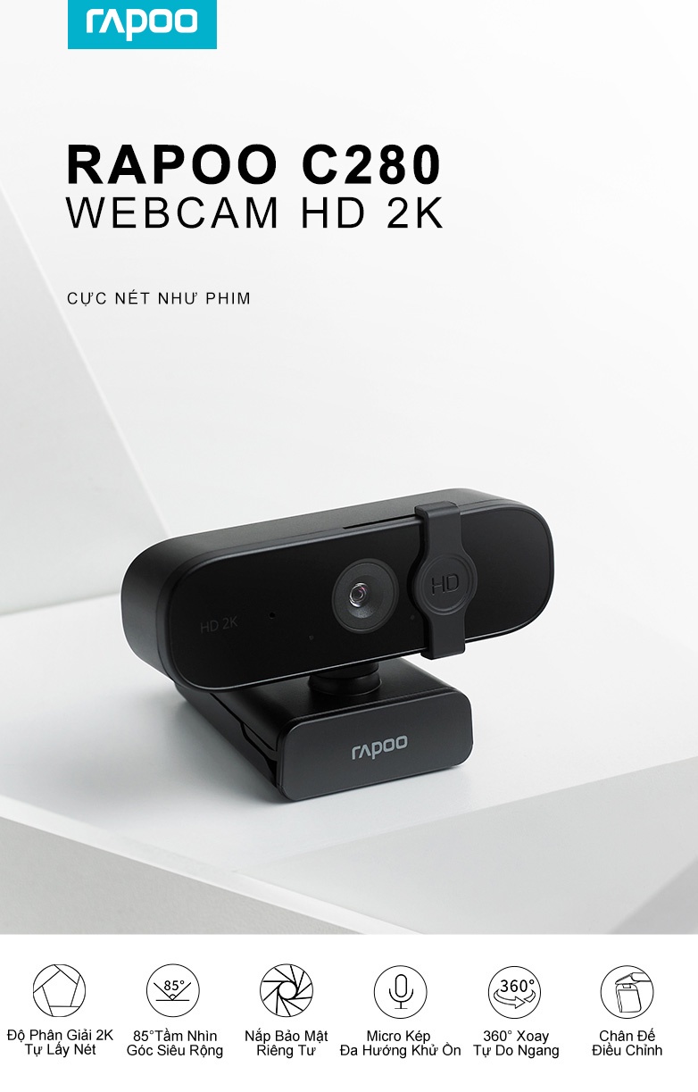 Webcam Rapoo C280 2K HD với USB2.0 với nắp đậy camera có thể xoay mic ...