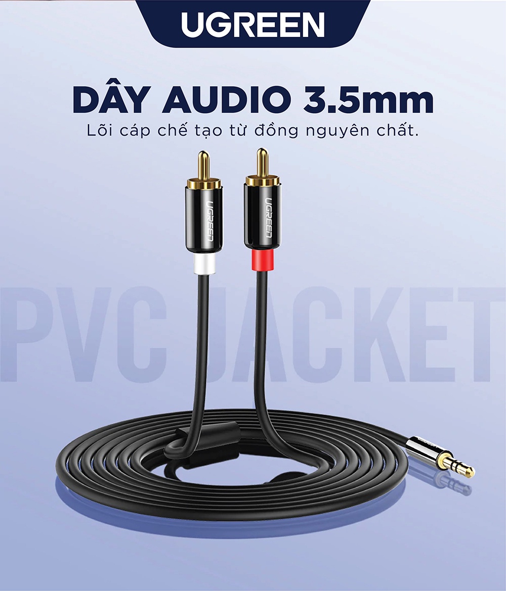 Dây Audio 3.5mm ra 2 đầu RCA (Hoa sen) UGREEN AV116 | Đầu nối mạ vàng 14K | Kết nối dễ dàng ...