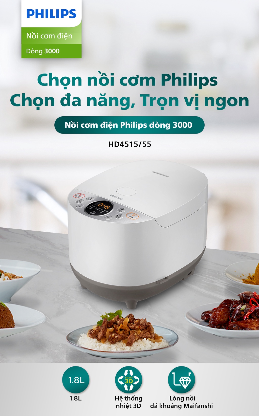 Nồi cơm điện tử Philips HD4515/55 | 1.8 lít | 6 lớp để dẫn nhiệt tốt ...