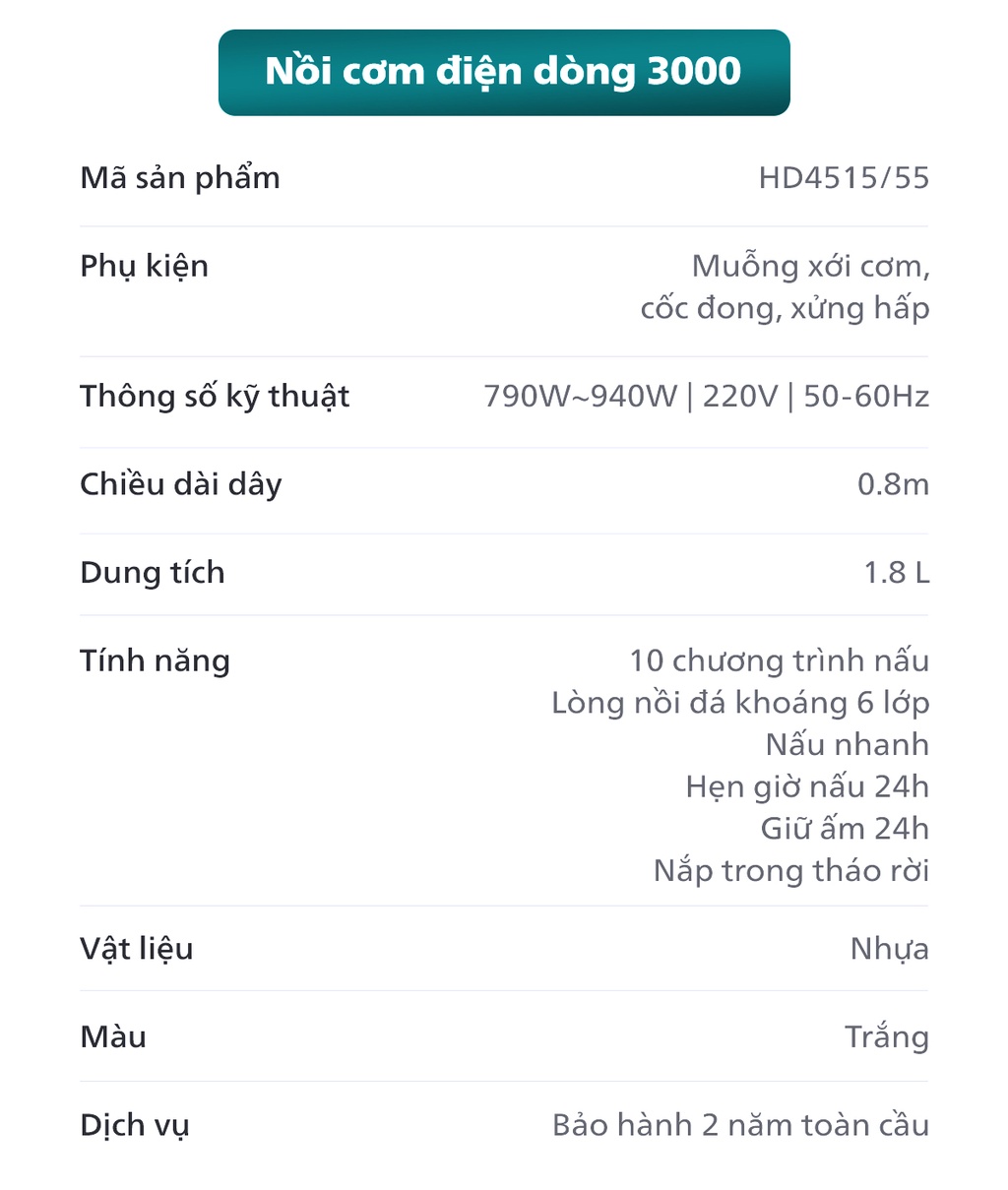 Nồi cơm điện tử Philips HD4515/55 | 1.8 lít | 6 lớp để dẫn nhiệt tốt ...