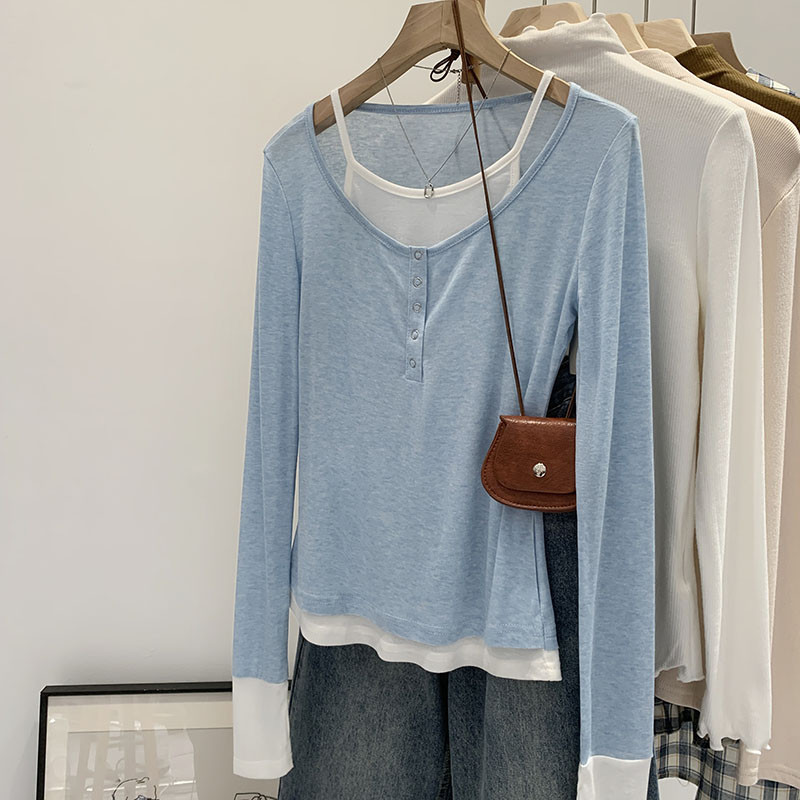 83386 Tencel / Len Màu tương phản Áo thun dài tay giả hai mảnh nữ ...