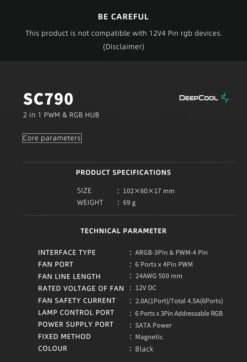 DeepCool SC790 1 đến 6 PWM & ARGB Hub Thu hút từ tính 5V 3pin ARGB Fan ...