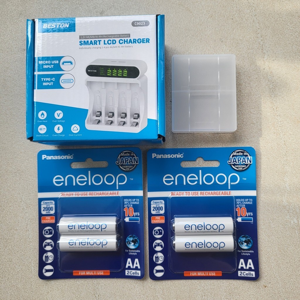 Bộ Sạc Pin BESTON C9023L kèm 4 pin AA AAA Eneloop made in Japan tùy chọn - tặng kèm hộp nhựa ...