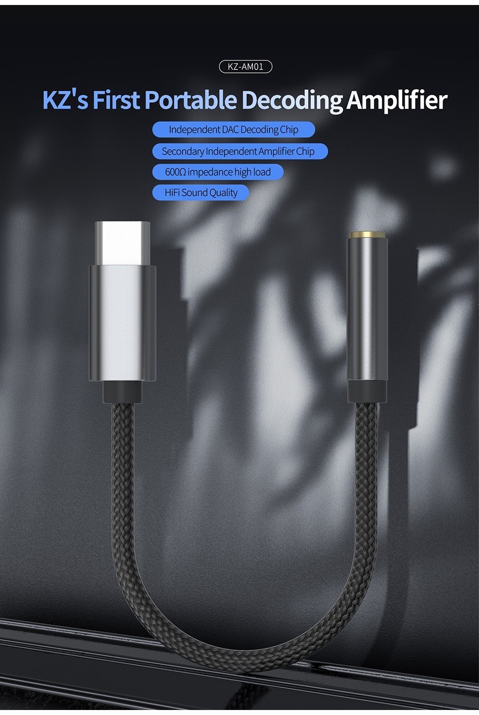 KZ AM01 Type-C đến 3.5mm Audio Adapter 32bit/384kHz Hi-Fi DAC+IC Amplifier Dual Chip Tai nghe ...