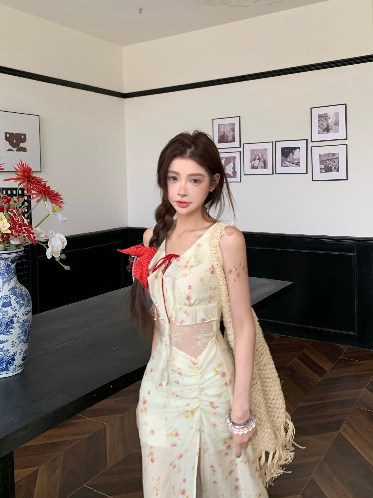 Đầm Hoa Nữ Tính Nữ Xuân Hè Thiết Kế Cảm Giác Ren Xù Móc Eo Cắt Giữa ...
