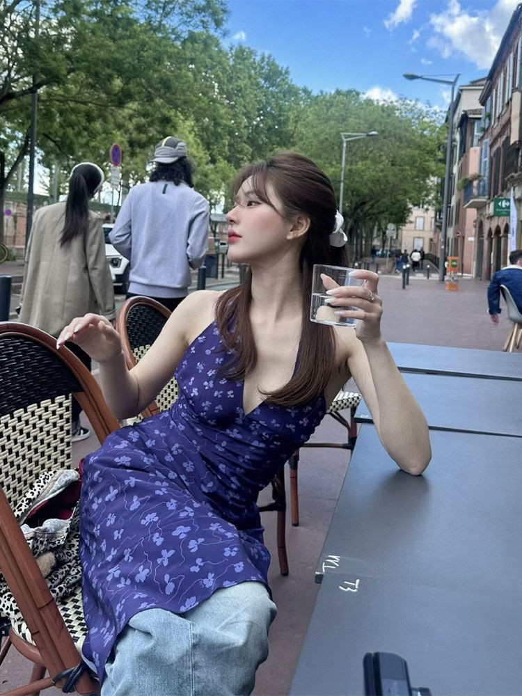 Oniii Zhao Lusi Cùng Phong Cách In Màu Tím Cổ Chữ V Dây Cổ Hẹp Eo Đầm | Shopee Việt Nam