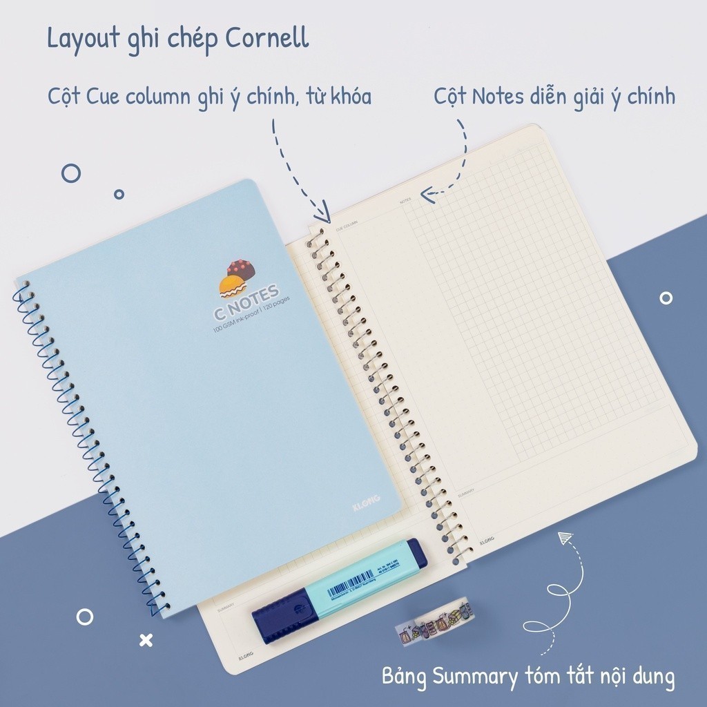 Vở note cornell B5 120 trang Klong bìa nhựa lò xo CNotes ruột Dot grid ...