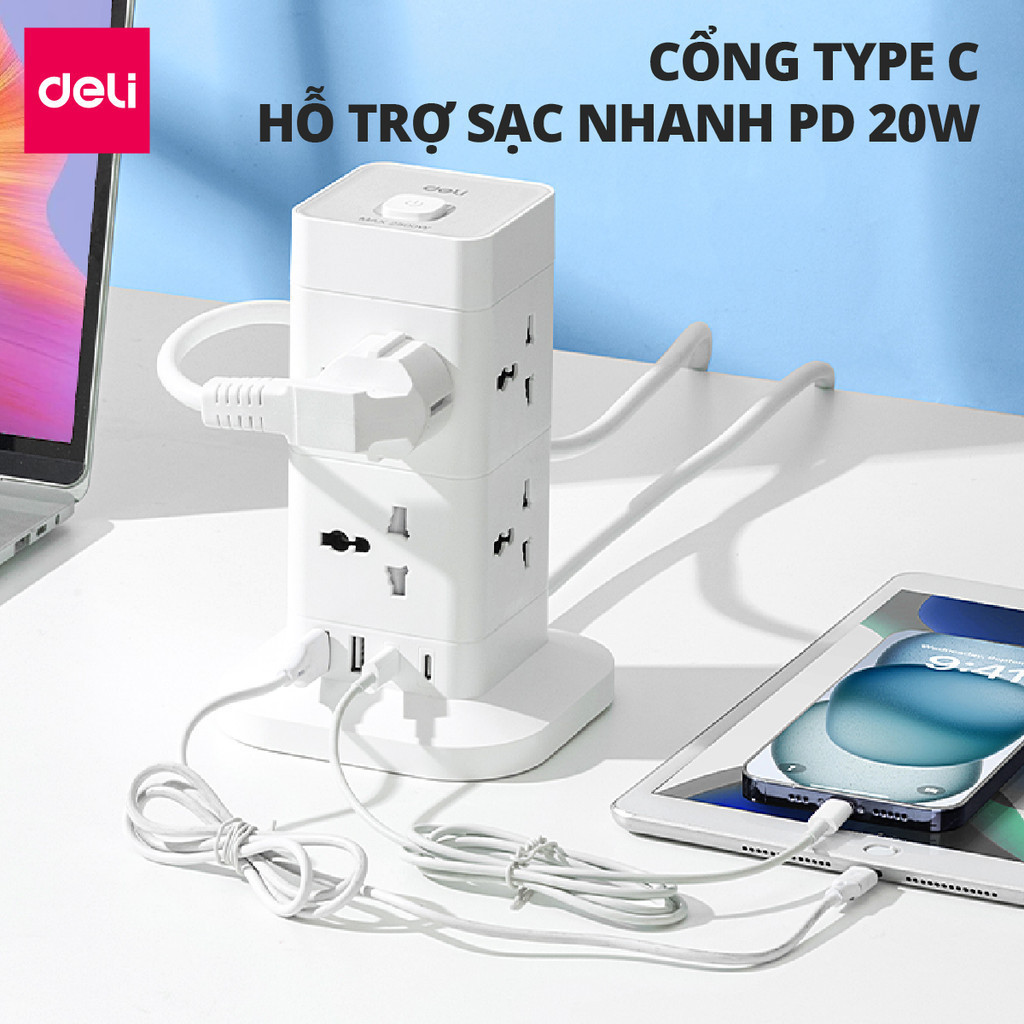 Ổ Cắm Điện 3250w 2500w Tích Hợp Cổng Usb Typec Đa Năng Deli 2 6 Lỗ Cắm Đầu 3 Dây 2 5m Tiện