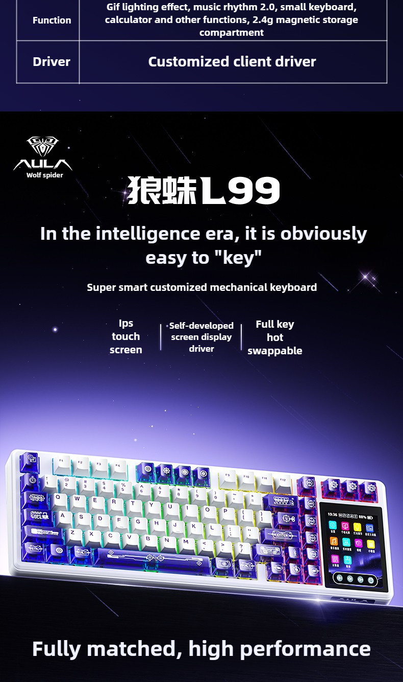 AULA L99 Wireless Bluetooth 3-mode Keyboard with Screen Display Esports ...