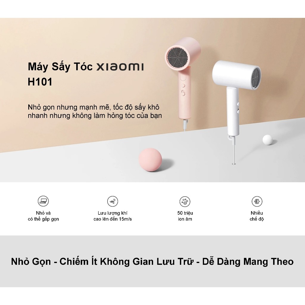 Máy sấy tóc Ion âm Xiaomi Mijia H101, 1600W, vòi phun xoay 360 độ, 2 ...