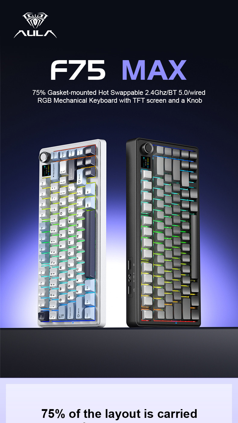 AULA F75 MAX Mechanical Keyboard 75% RGB Three Mode Wired/Bluetooth/2 ...
