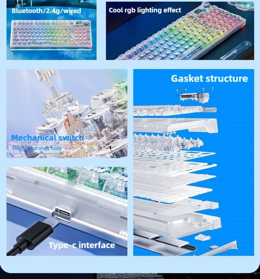 AULA F98 Pro Customized Transparent RGB Mechanical Keyboard Wireless ...
