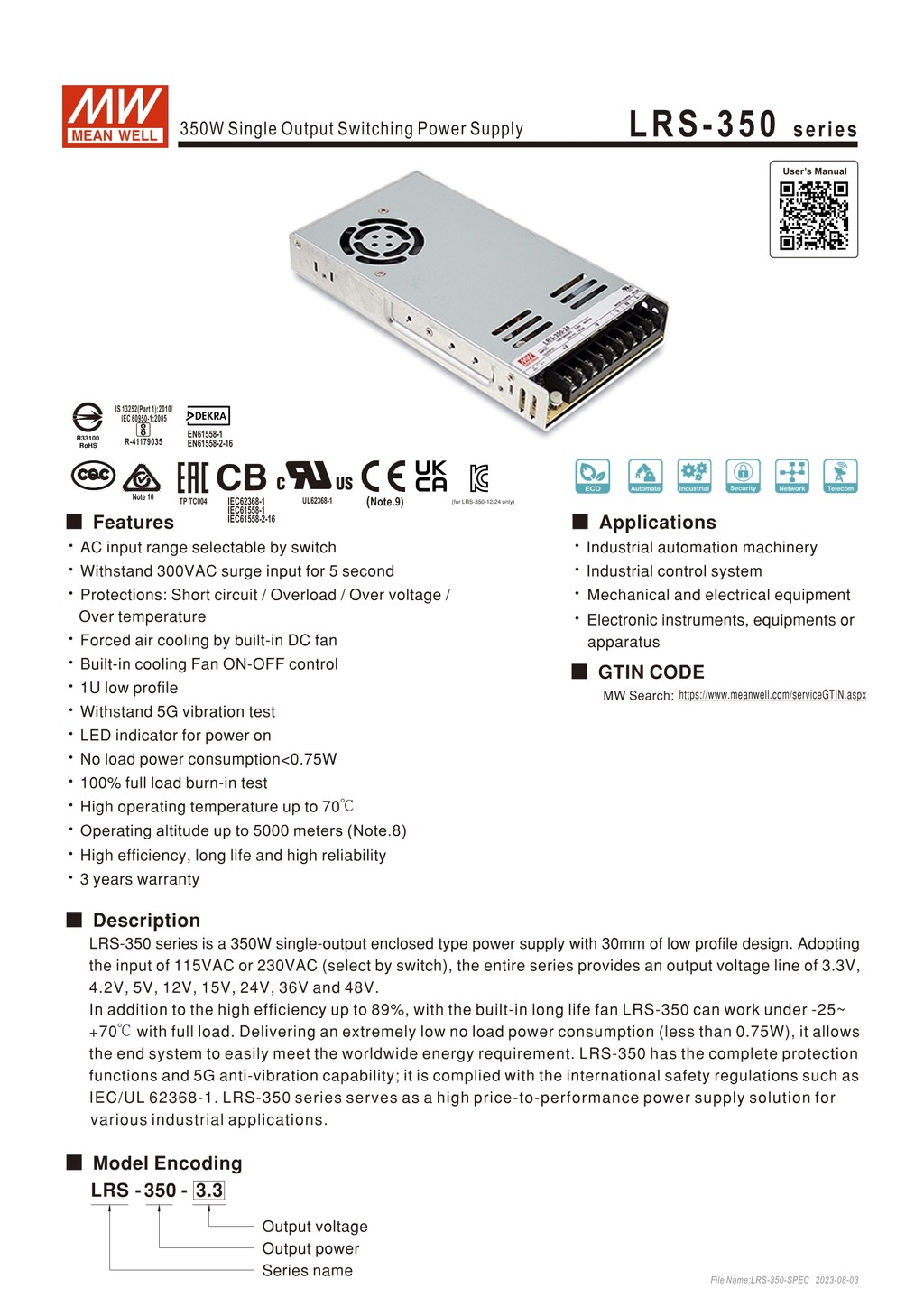 MEAN WELL LRS-350-5 LRS-350-12 LRS-350-15 LRS-350-24 LRS-350-36 LRS-350 ...