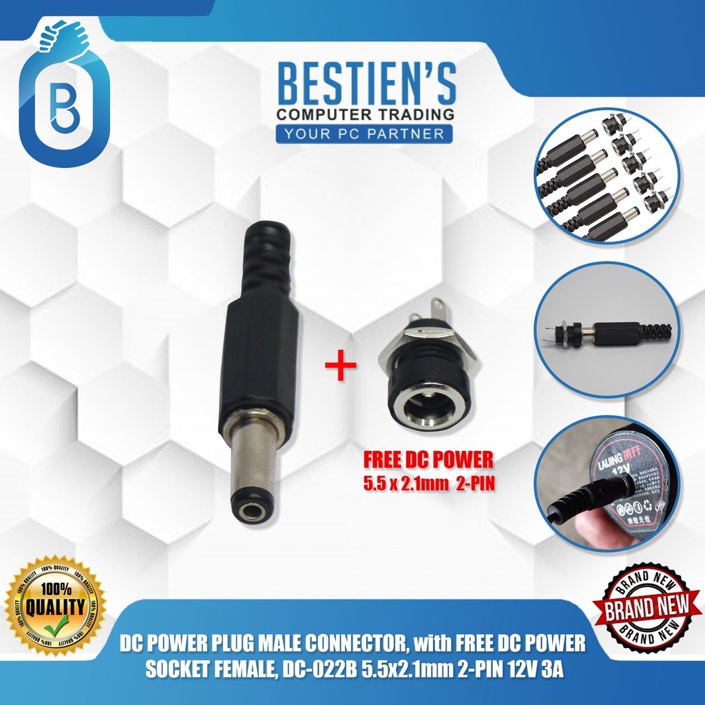 Kết NỐI NAM CẮM ĐIỆN DC, kèm Ổ CẮM ĐIỆN DC MIỄN PHÍ, DC-022B 5.5x2.1mm 2-PIN 12V 3A | Shopee ...