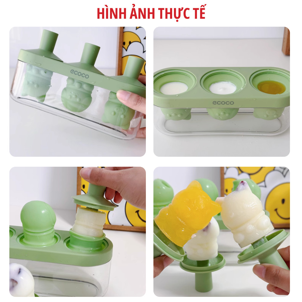 Set 3 khuôn kem ECOCO các hình cho bé thế hệ mới, Dụng cụ làm kem cao cấp, nhựa PP, silicon an ...