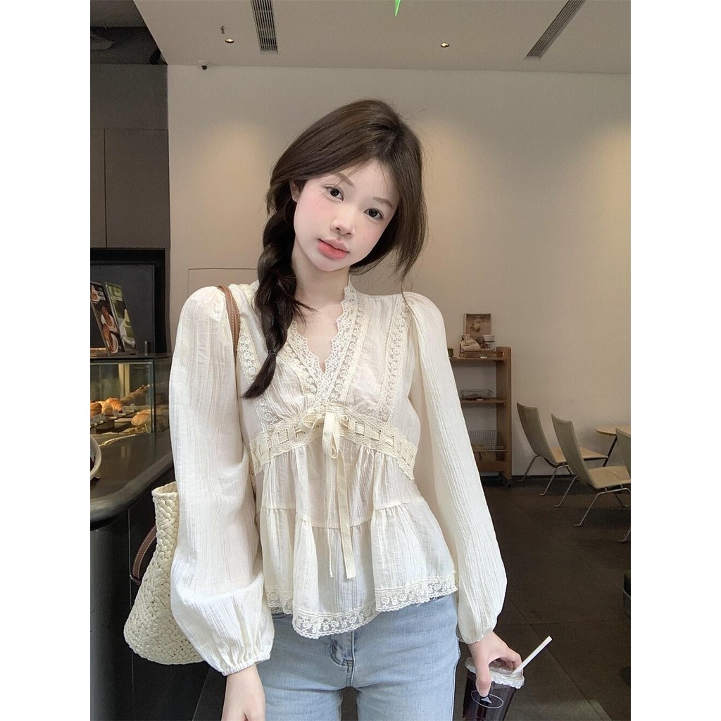 87024 Áo sơ mi dài tay dáng rộng cổ chữ V có dây buộc cổ chữ V | Shopee ...