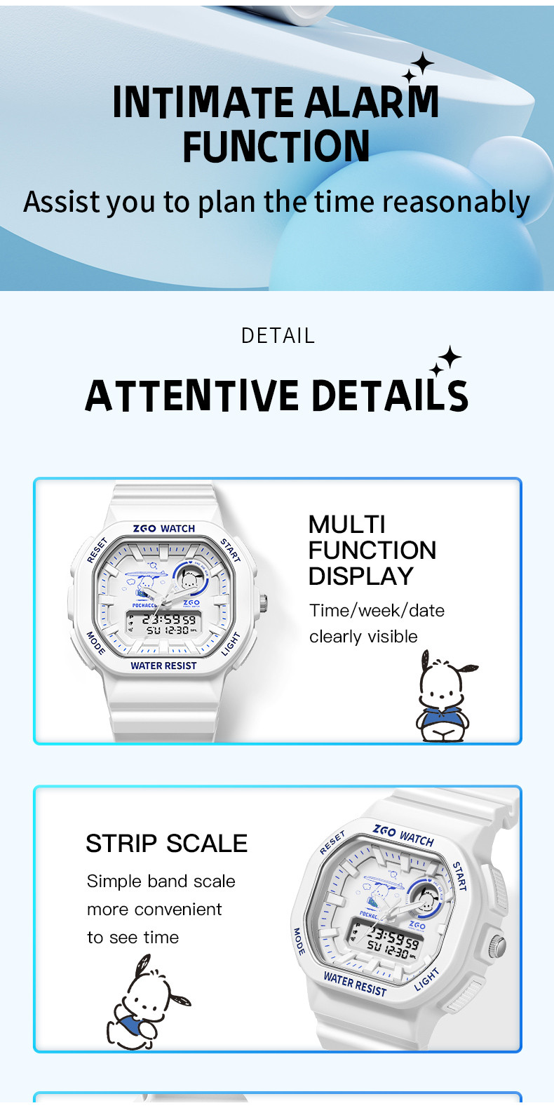 Đồng hồ ZGO x Sanrio Pochacco dành cho trẻ em Màn hình ánh sáng chống ...