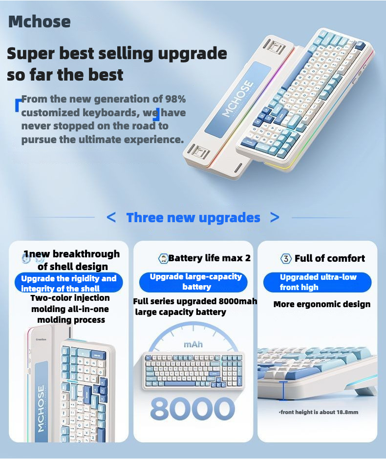 Mcose K99 V2 Cấu trúc đệm bàn phím cơ tùy chỉnh 2.4g Bluetooth không dây Trò chơi thể thao điện ...