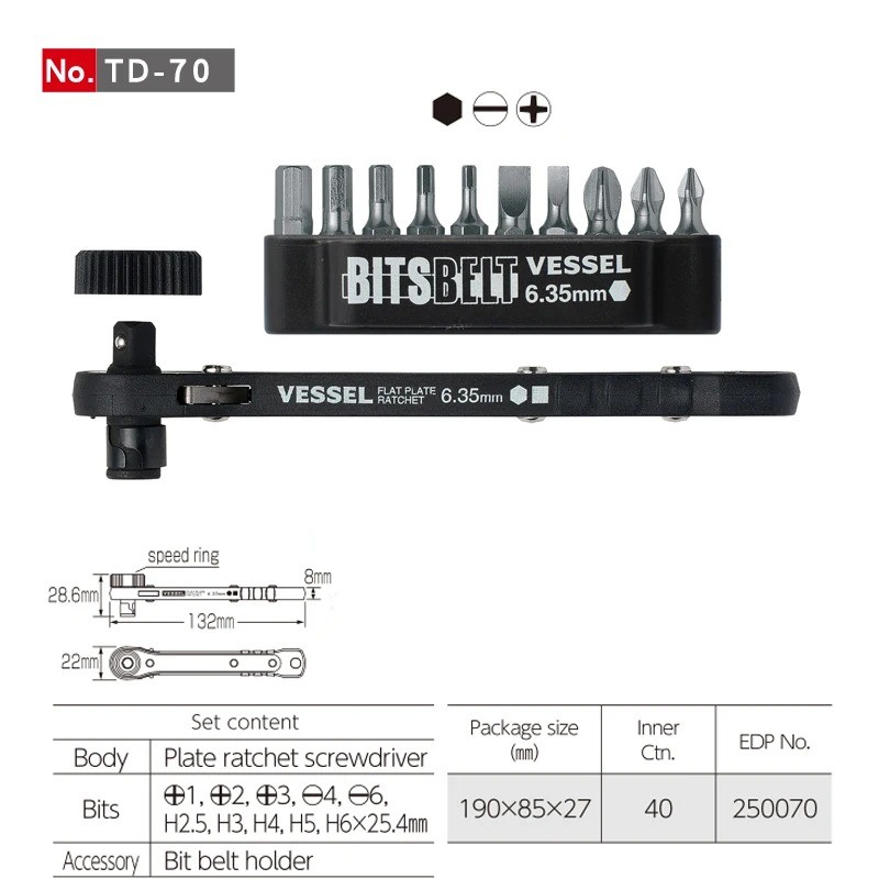 Bộ tuốc nơ vít Ratchet Mini VESSEL với dụng cụ cầm tay Bit đa chức năng số TD-70 / TD-71 / TD-72 ...