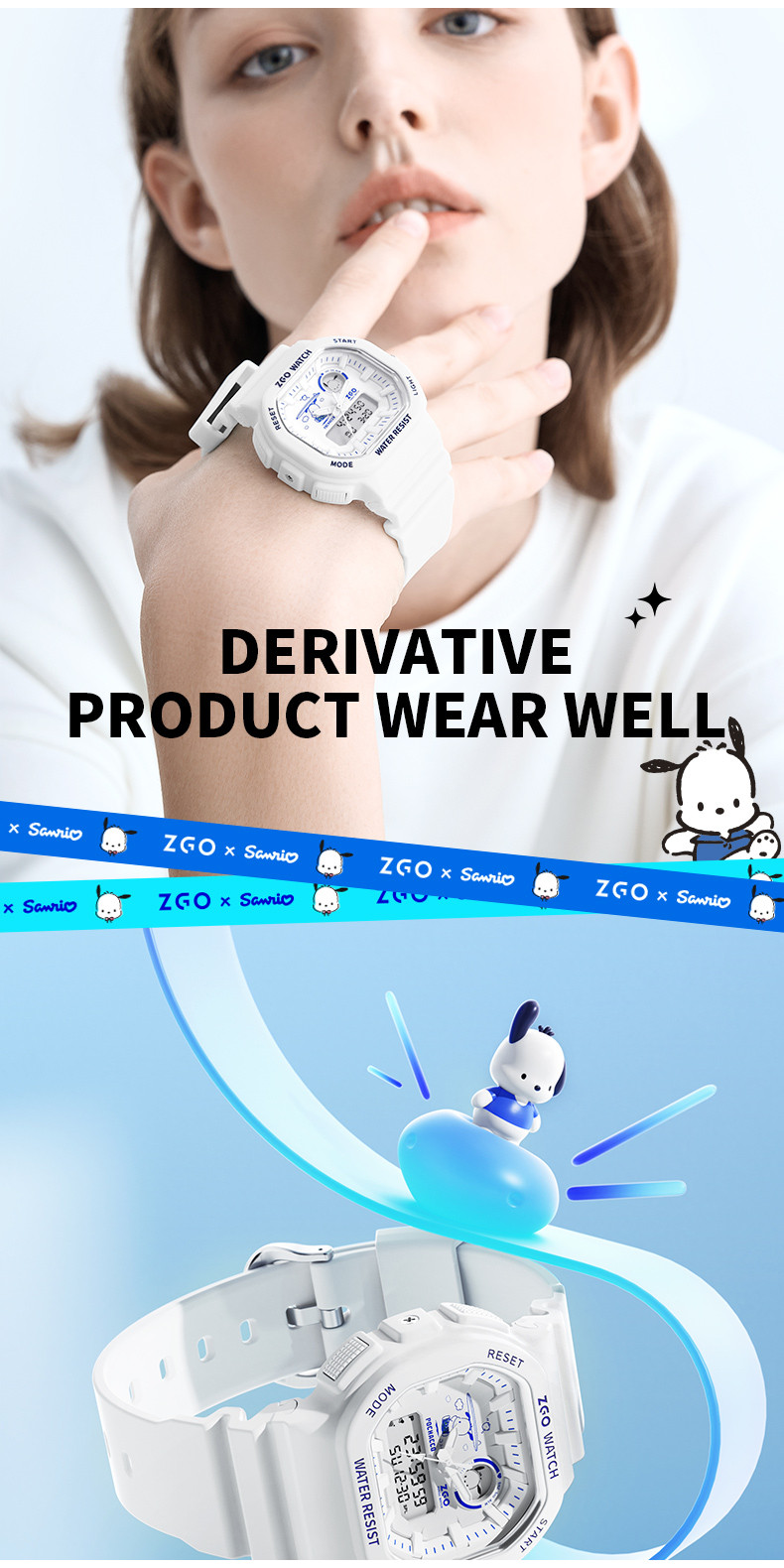 Đồng hồ ZGO x Sanrio Pochacco dành cho trẻ em Màn hình ánh sáng chống ...