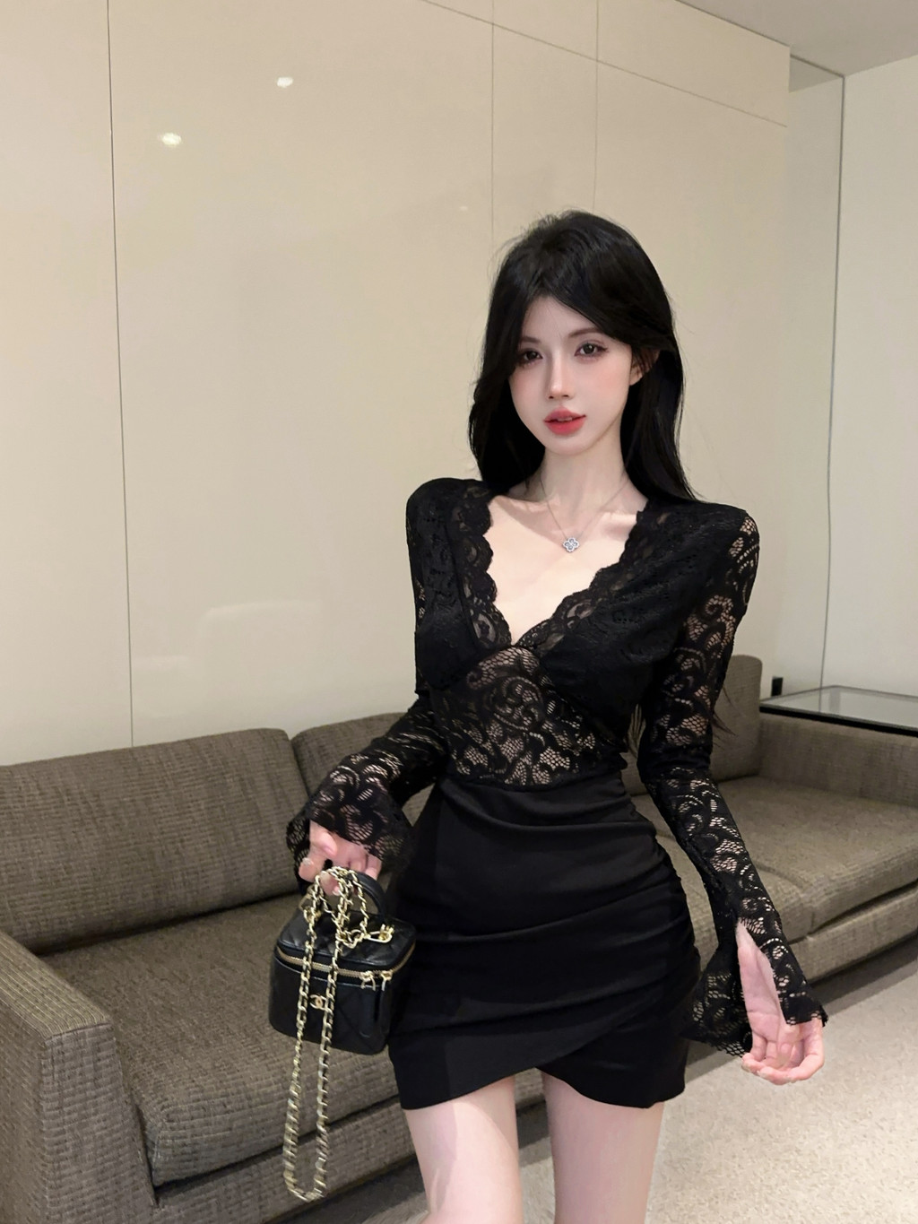 Thời Trang Nữ Cổ Chữ V Thiết Kế Tiệc Phong Cách Ren Khâu Đầm Gợi Cảm Cô Gái Nóng Hiển Thị Hình ...