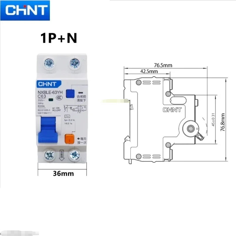 CHINT NXBLE-63YH 6KA 1P + N 2P 10MA 30MA Bộ ngắt mạch dòng điện RCBO cỡ nhỏ có bảo vệ quá tải ...