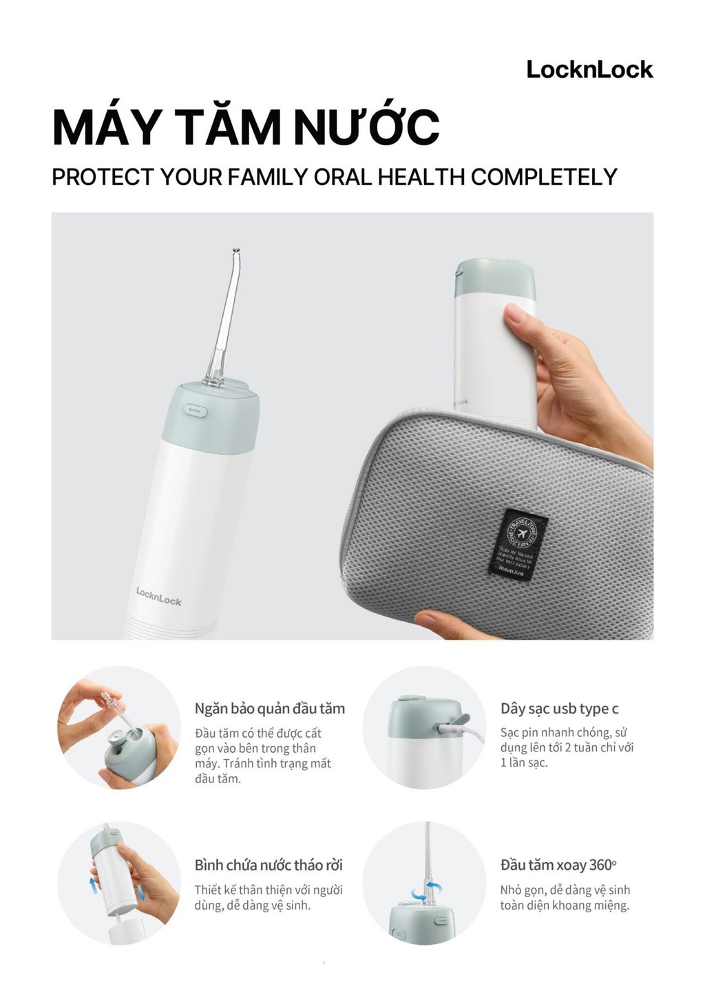 Máy Tăm Nước LocknLock Portable Oral Irrigator ENR116MIT 170ml , Hàng chính hãng, 3 chế độ ...