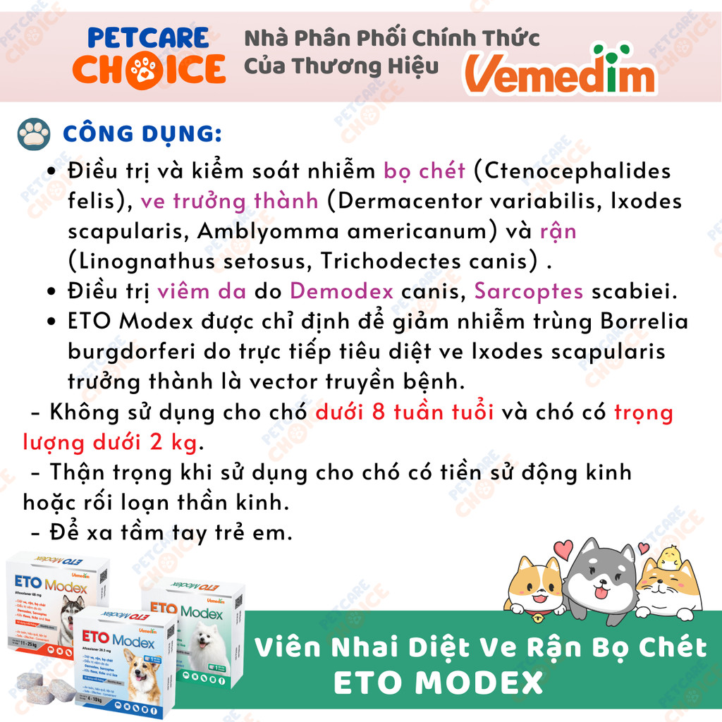 ETO Modex Vemedim Viên Nhai Diệt Ve, Rận, Bọ Chét, Viêm Da Do Demodex ...
