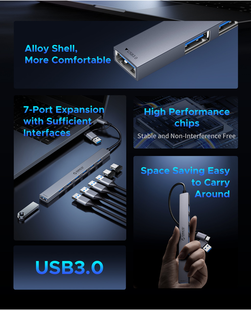 Orico USB HUB USB A / Type C sang USB 3.0 HUB Bộ chia USB bằng nhôm Bộ chuyển đổi OTG Mở rộng ...